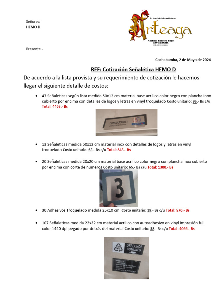 Cotización Señalética HEMO D | PDF