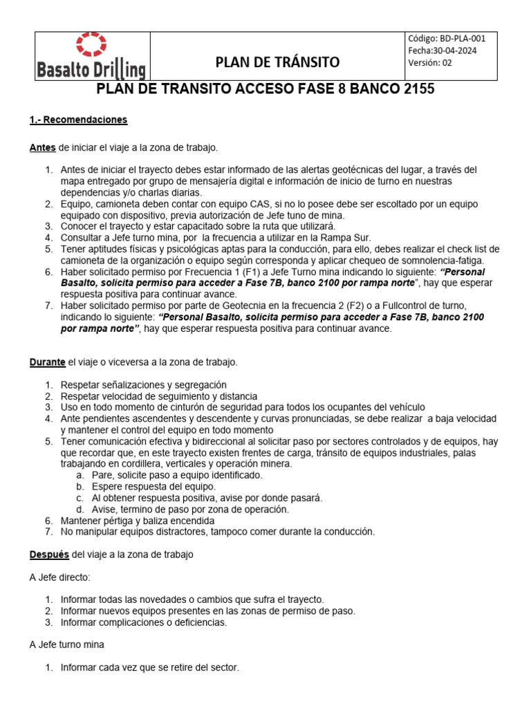 PLAN DE TRANSITO Fase 8 Banco 2130 2160 | PDF