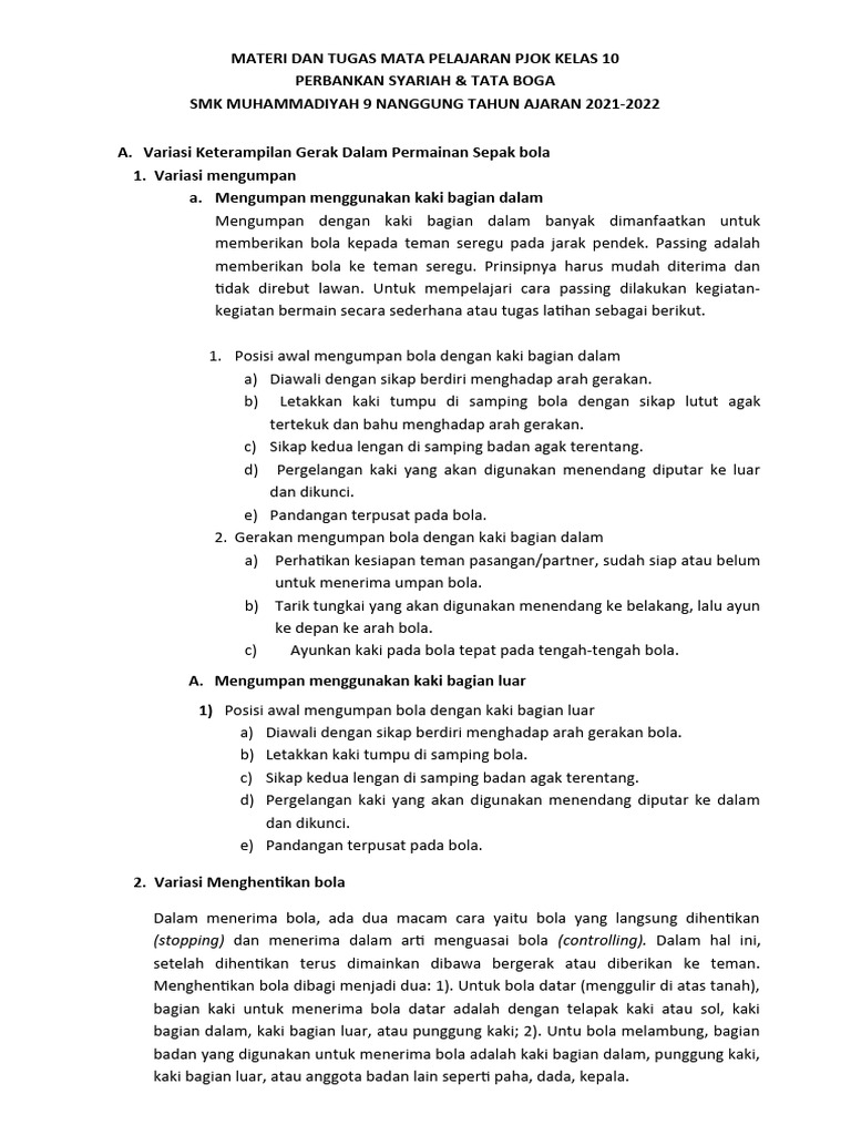 Materi Dan Tugas Mapel Pjok KLS 10 2021 | PDF