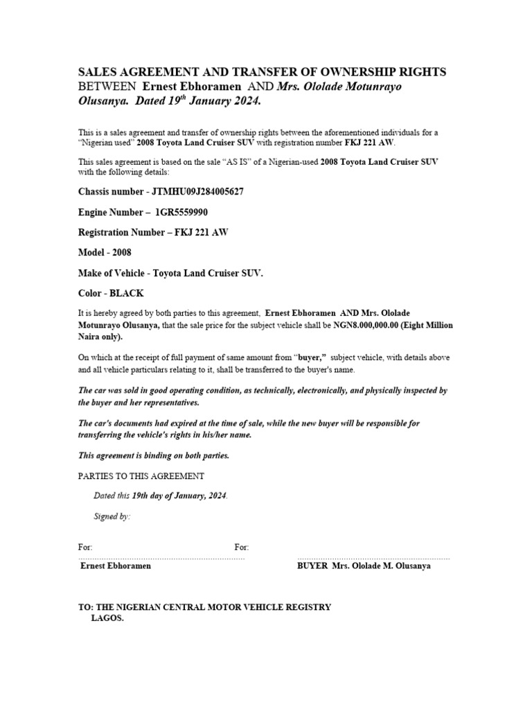 Sales Agreement N TRF of Ownershp Land Cruiser 2008 | PDF | Toyota ...