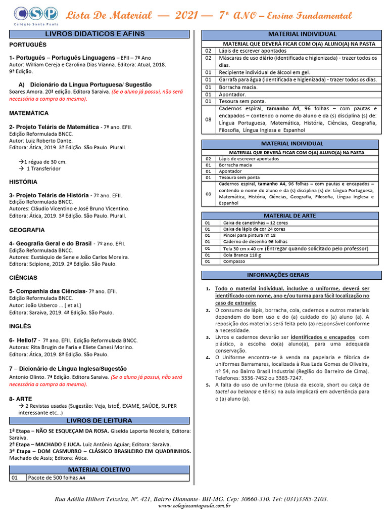 Lista 7º Ano 2021 | PDF