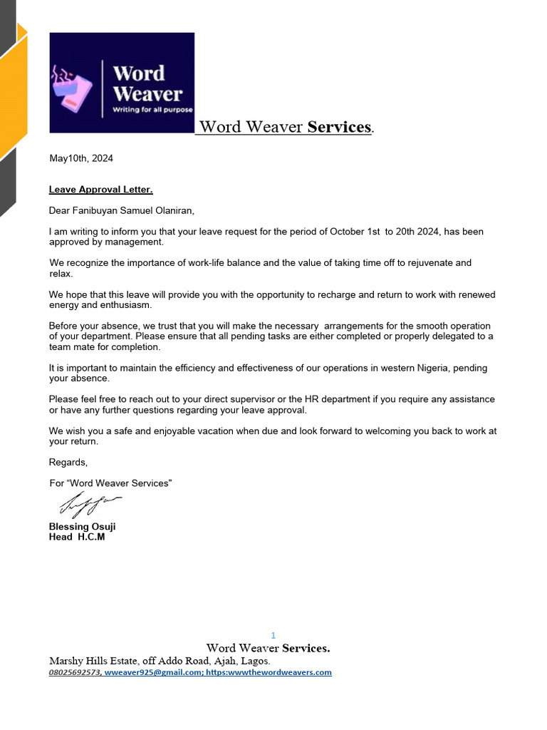 Leave Approval Letter | PDF