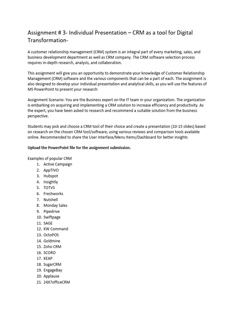 Assignment # 3 - Individual - CRM Tool Analysis Due by Nov 13, Sun 1159pm | PDF | Customer ...