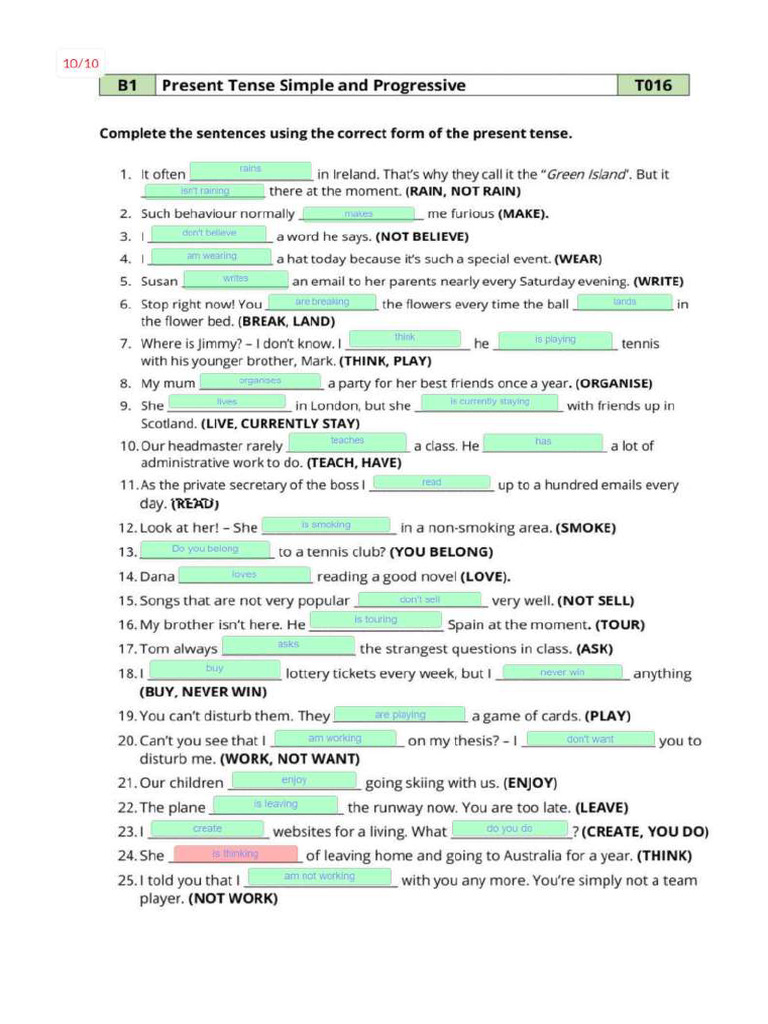 B1 Present Simple vs Progressive | PDF