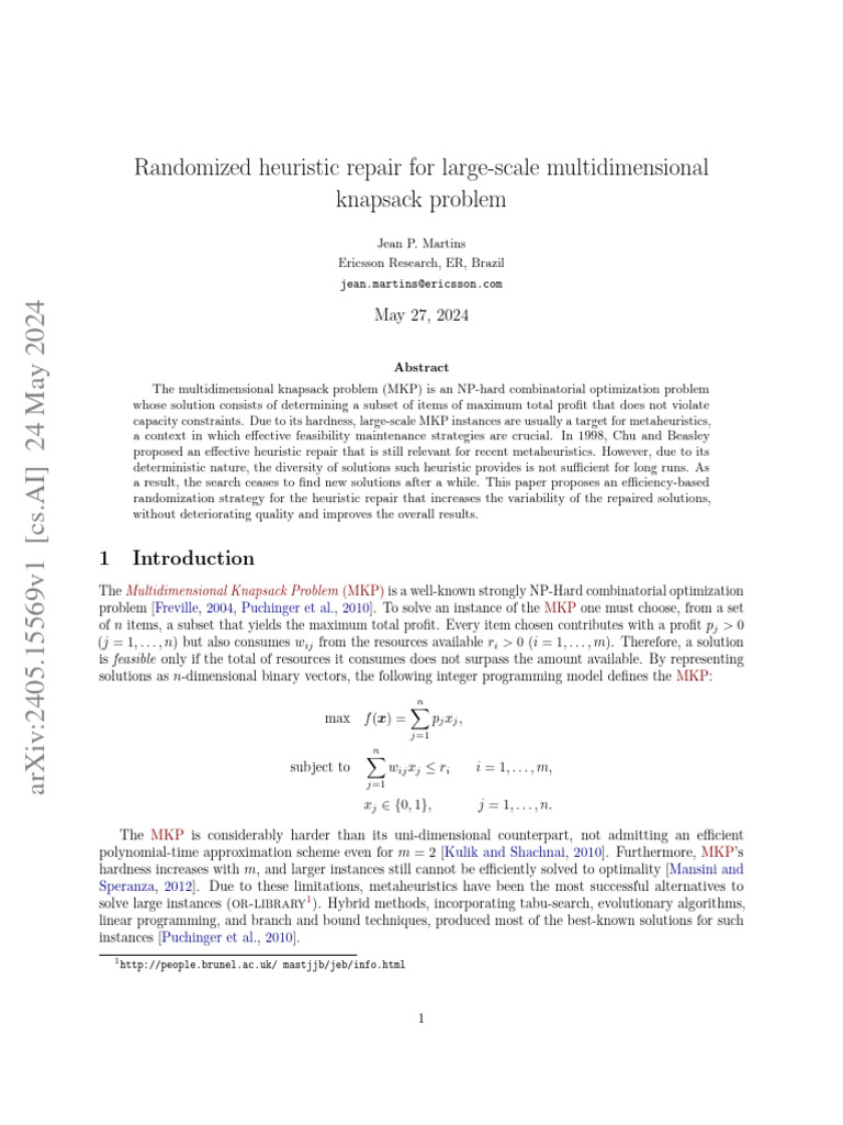Randomized Heuristic Repair For Large Scale Multidimensional Knapsack Problem Pdf 