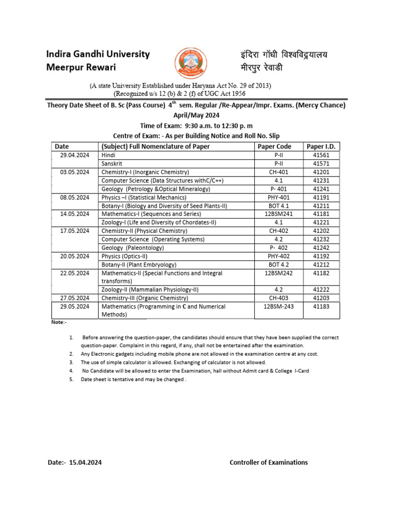 Theory Date Sheet of B. SC (Pass Course) 4TH Sem. Regular, Re-Appear ... Theory Date Sheet of B. SC (Pass Course) 4TH Sem. Regular, Re-Appear ...