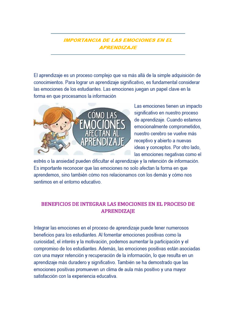 IMPORTANCIA DE LAS EMOCIONES EN EL APRENDIZAJE Profesor Kevin | PDF | Las emociones | Aprendizaje