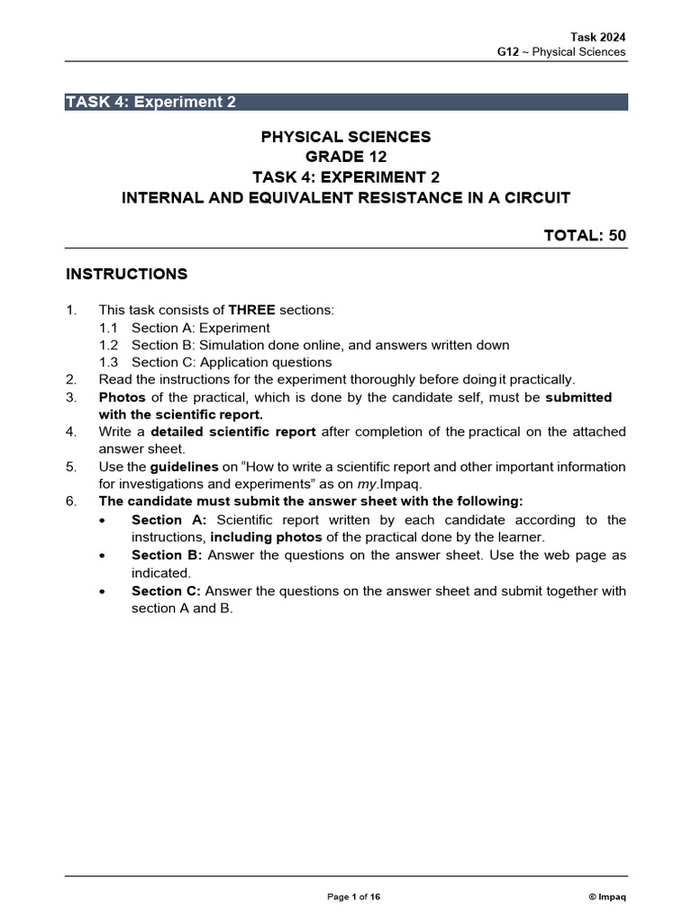 Physical Sciences Grade 12 Task 4: Experiment 2 Internal and Equivalent Resistance in A Circuit ...