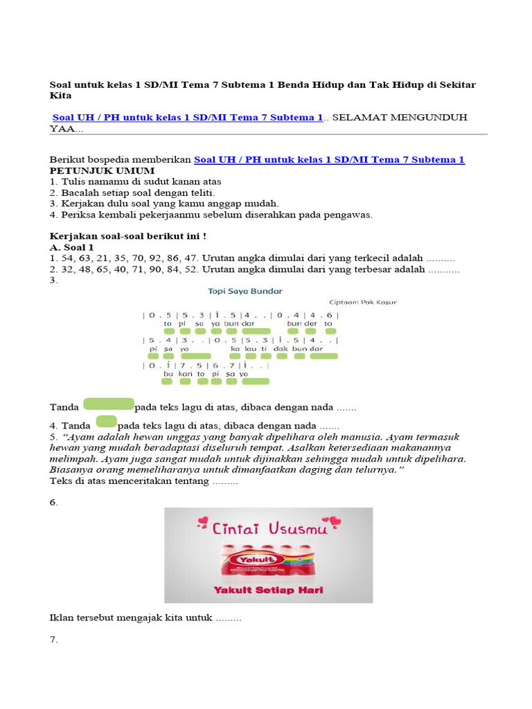 Contoh Soal UH PH Untuk Kelas 1 SD MI Tema 7 Subtema 1 Benda Hidup Dan Tak Hidup Di Sekitar Kita ...