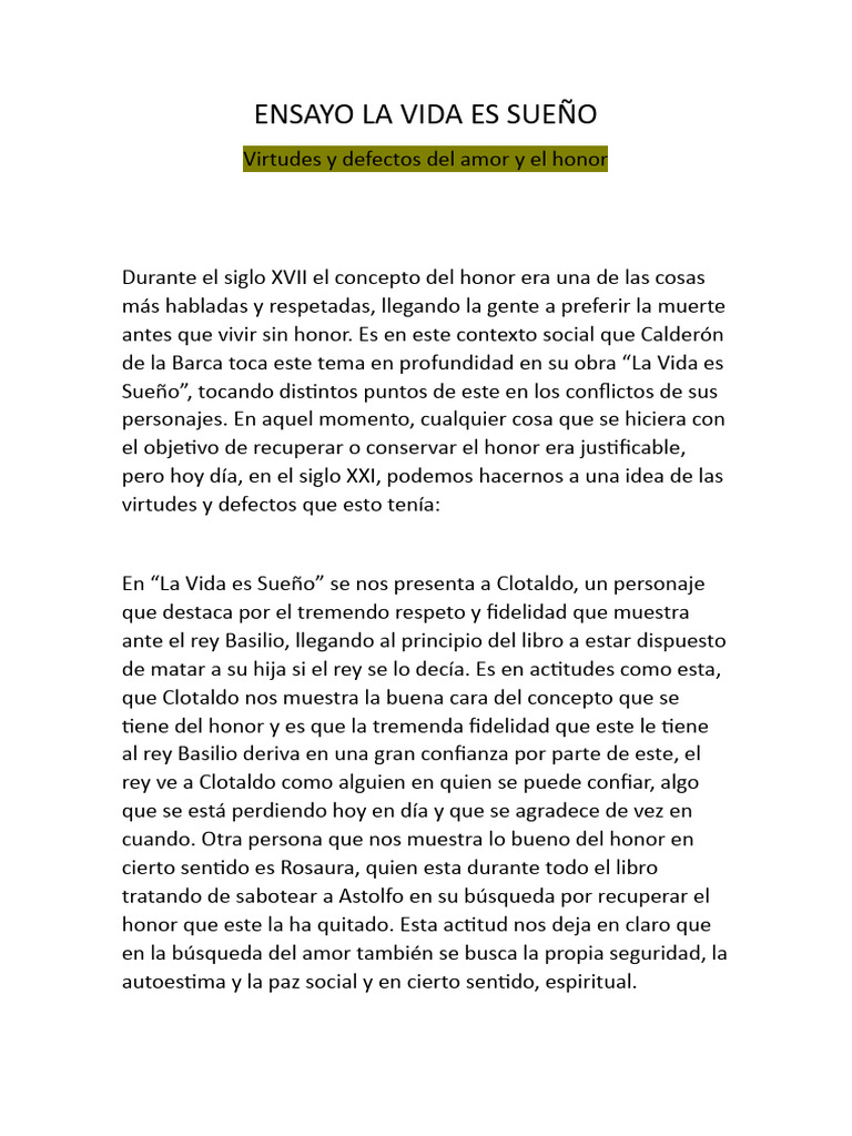 Ensayo La Vida Es Sueño | PDF | Religión y espiritualidad | Clásicos