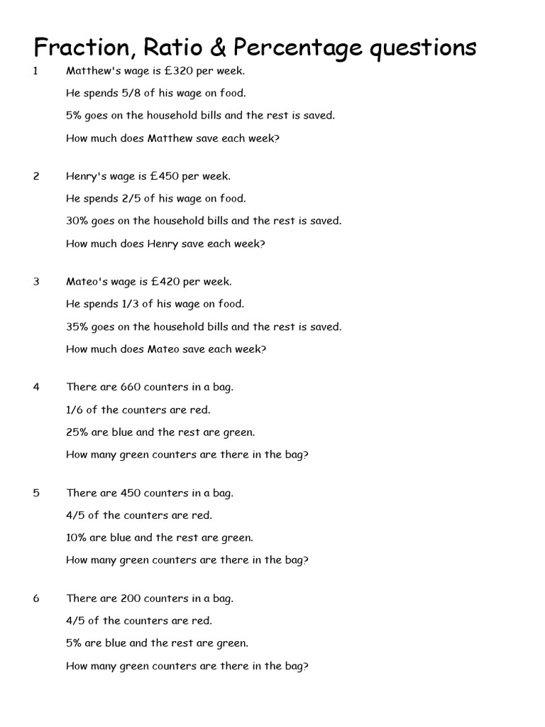 Fraction Ratio Percentages Questions | PDF | Numbers | Elementary ...