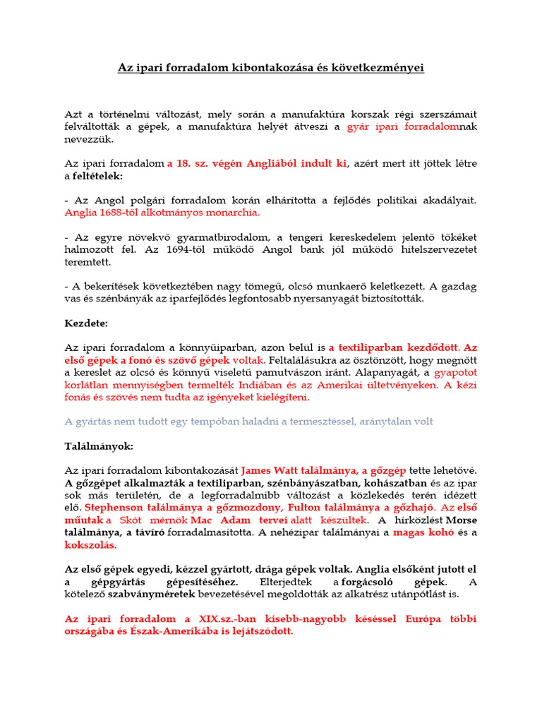 Az Ipari Forradalom Kibontakozása És Következményei | PDF