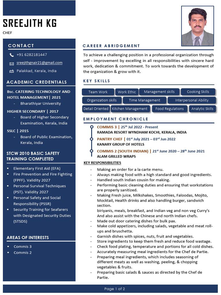 Sreejith KG CV R1 U2 | PDF | Chef | Meal