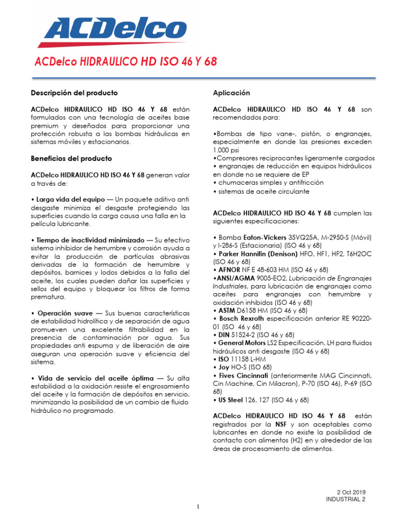 PDS Acdelco Hidraulico HD Iso 46 - 68 | PDF | Engranaje | Bomba
