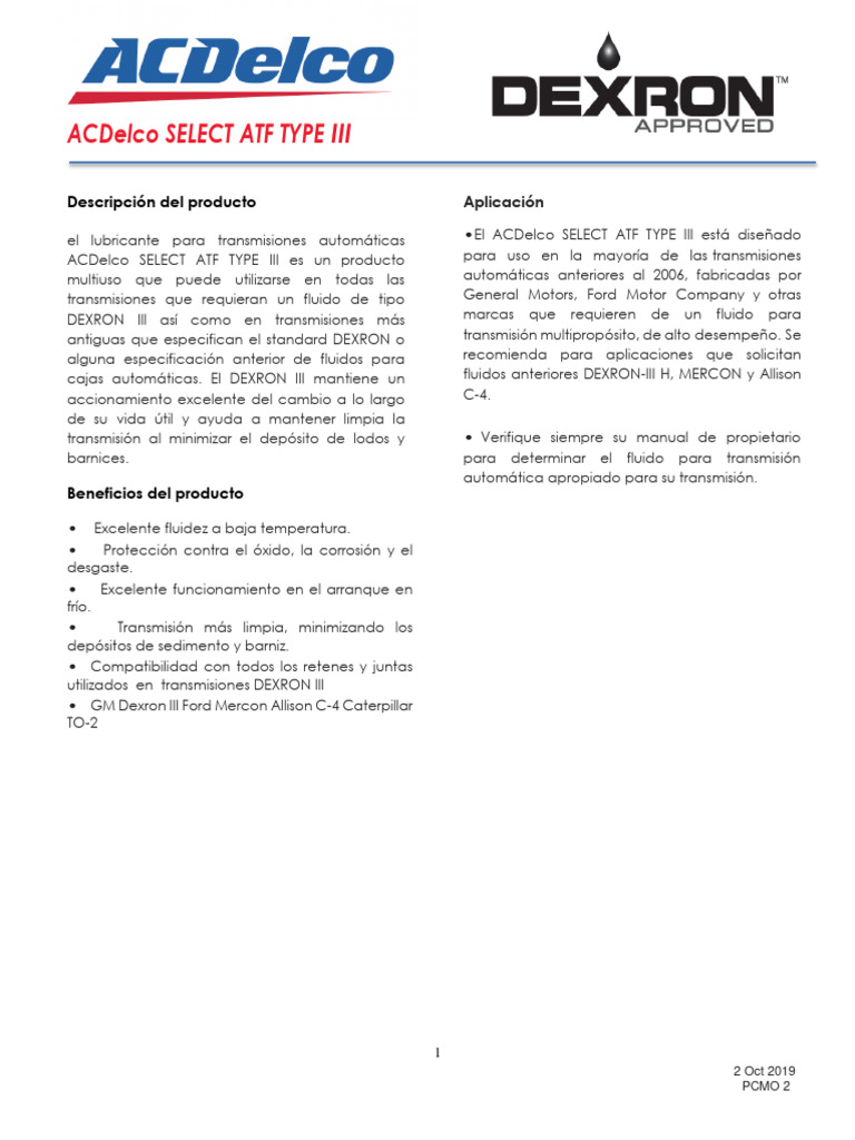 PDS Acdelco Select Atf Type Iii - Dexron Iii | PDF