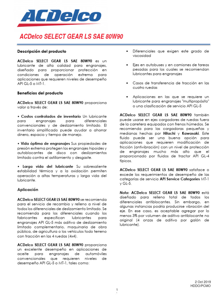 Lubricante ACDelco 80W90 para Engranajes | PDF | Lubricante | Engranaje