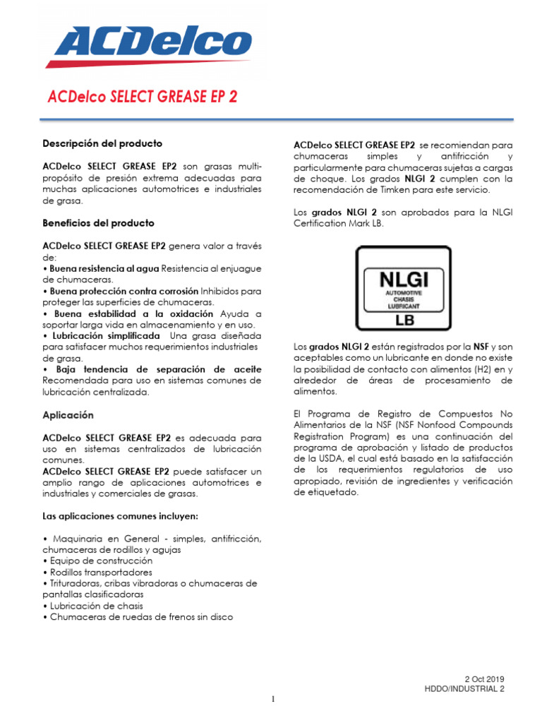 PDS Acdelco Select Grease Ep2 | PDF | Aceites