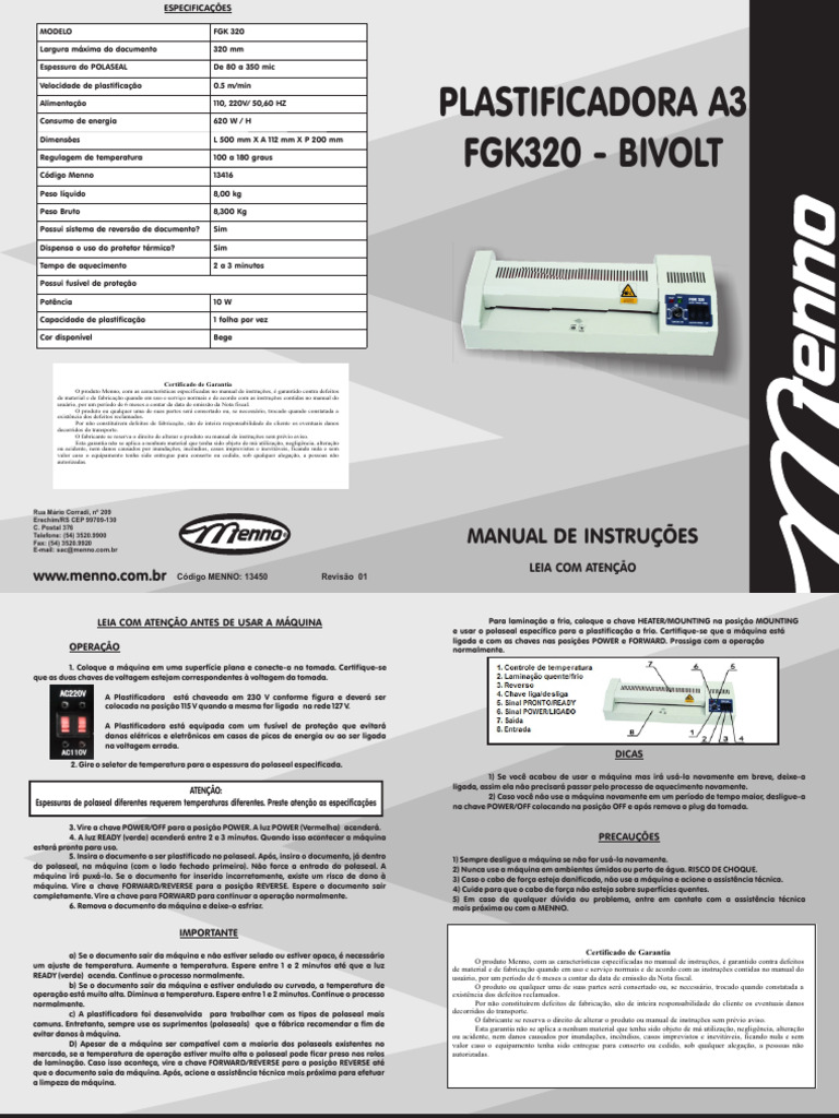 Manual de Intrucao Plastificadora A3 Bivolt FGK 320 | PDF | Máquinas | Temperatura