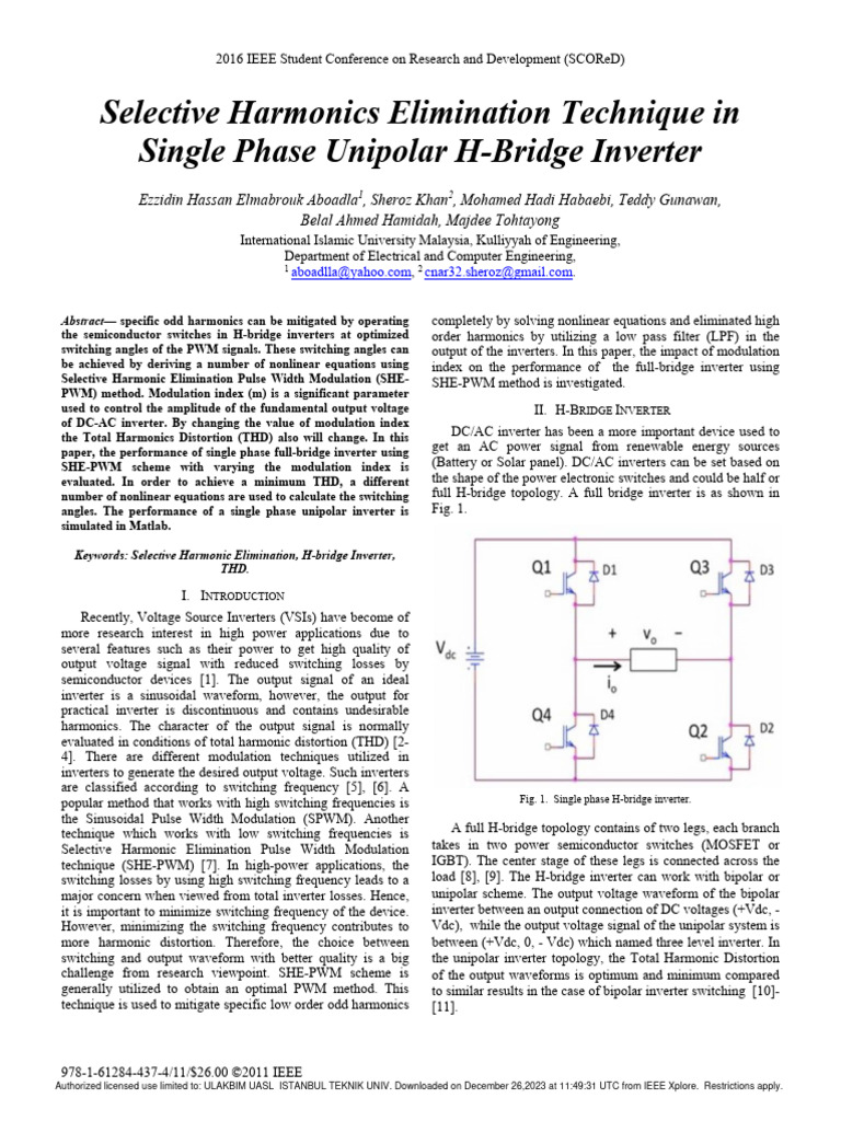 Selective Harmonics Elimination Technique in Single Phase Unipolar H-Bridge Inverter | PDF ...