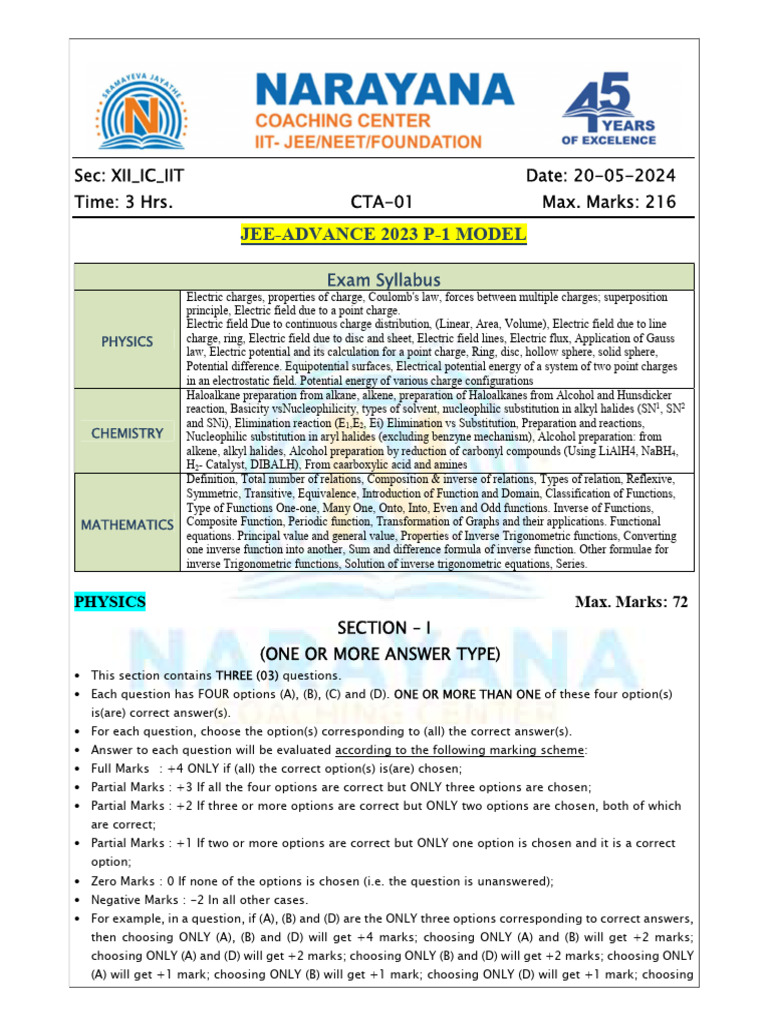 Xii Cta-01 - 2023 - (P1) - QP - 20.05.2024 | PDF | Electric Field | Function (Mathematics)