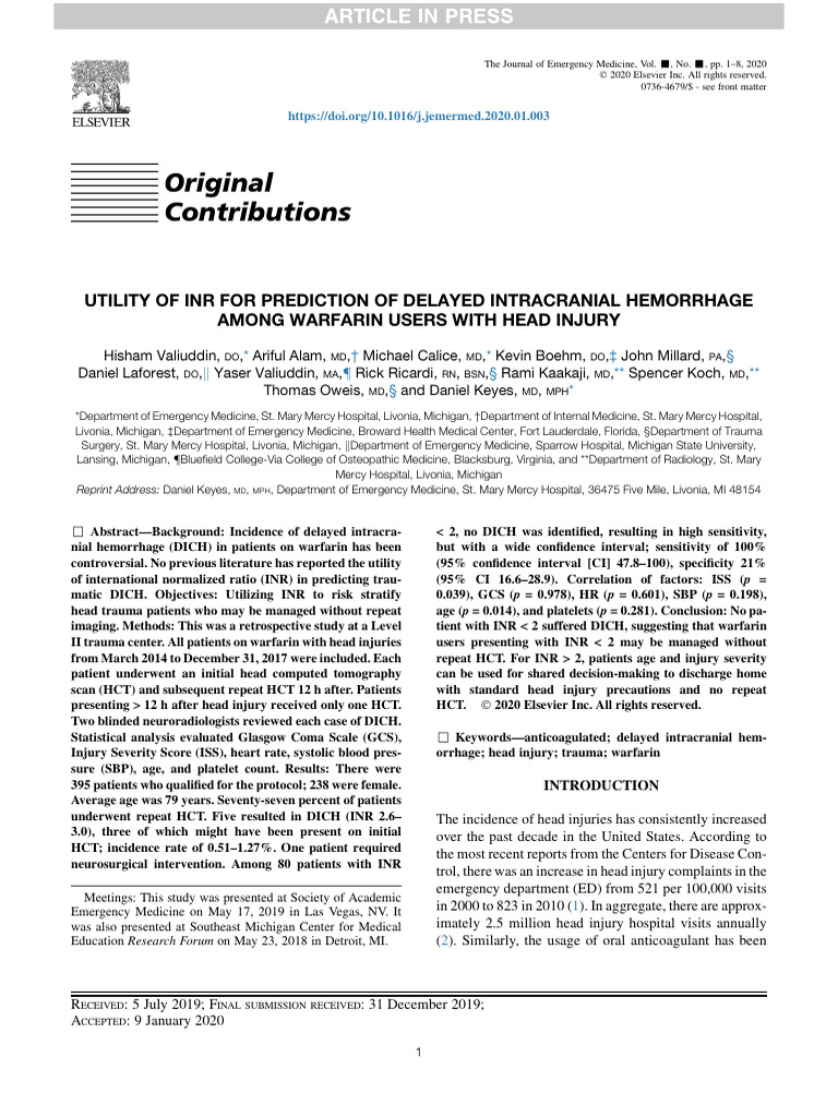 10 1016@j Jemermed 2020 01 003 | PDF | Traumatic Brain Injury | Clinical Medicine