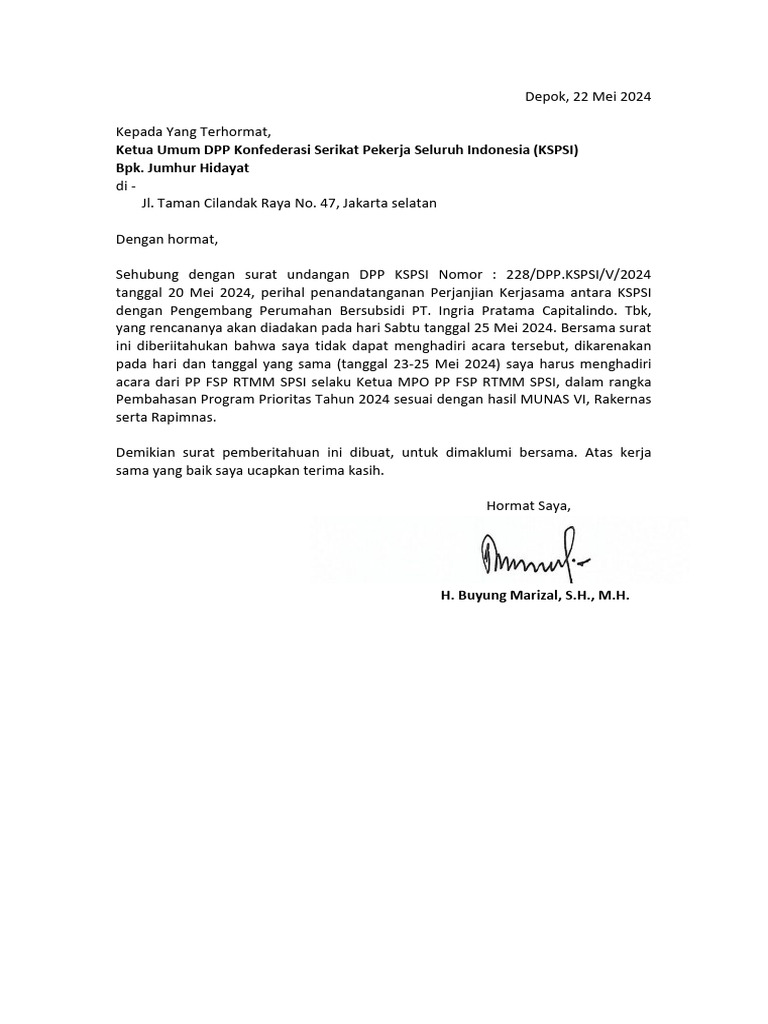 Surat Pemberitahuan Ke KSPSI | PDF