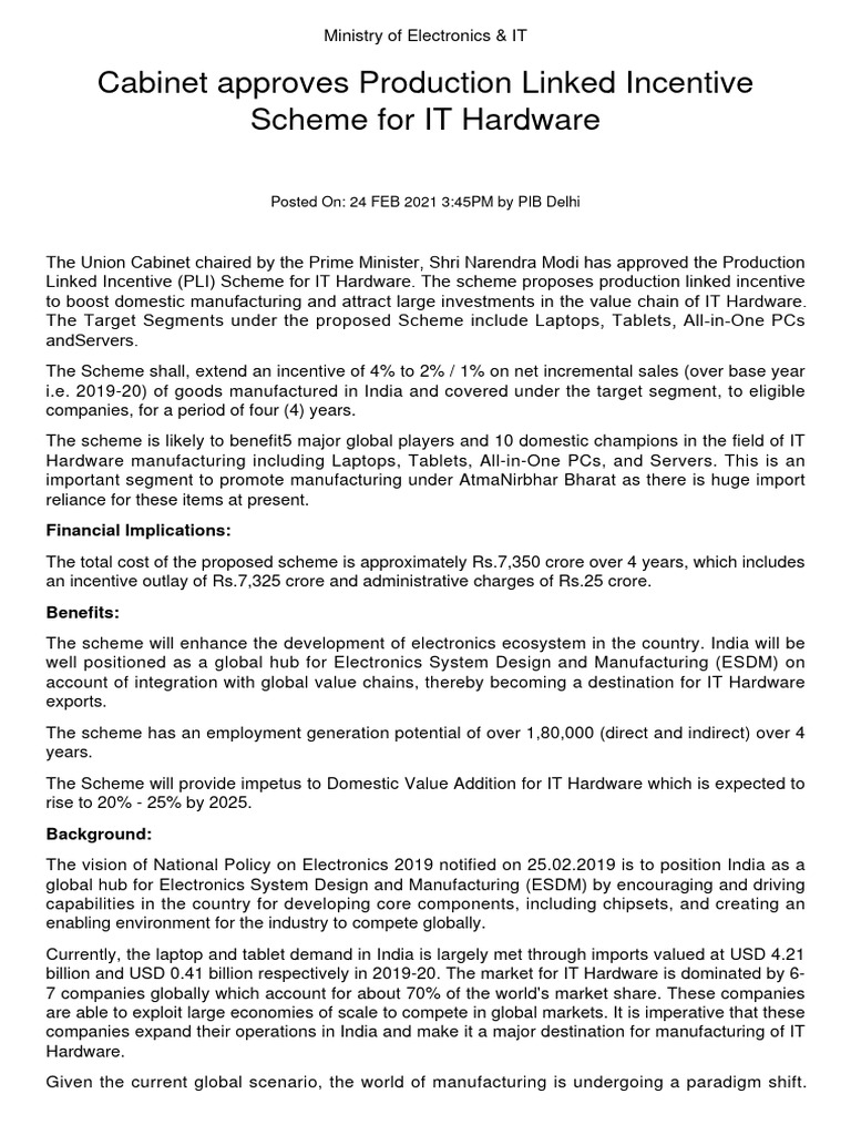 Cabinet Approves Production Linked Incentive Scheme For IT Hardware | PDF | Computer Hardware ...