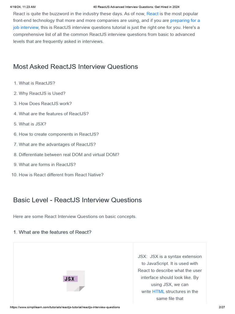 40 ReactJS Advanced Interview Questions - Get Hired in 2024 | Download Free PDF | Document ...