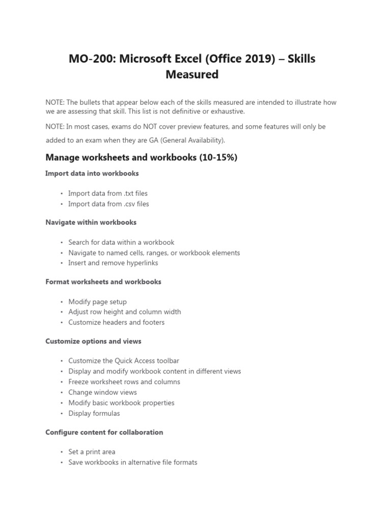 Excel Certification Skills Guide | PDF | Microsoft Excel | Spreadsheet