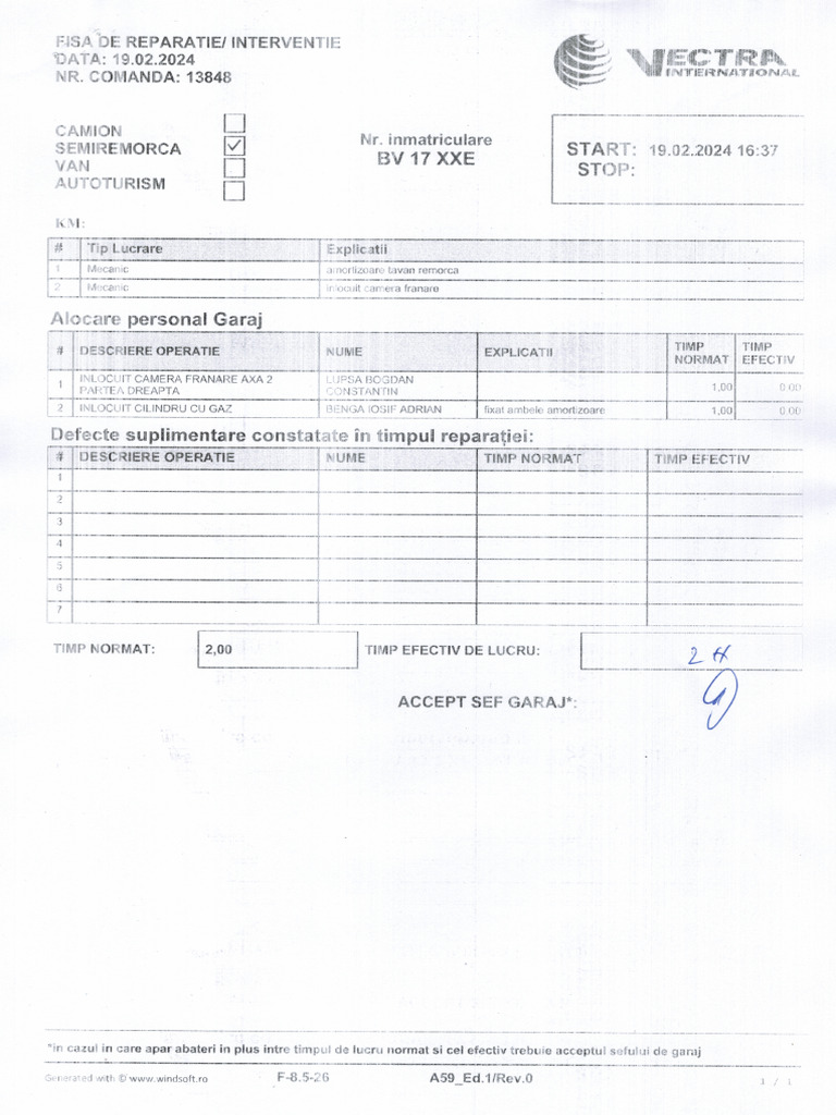 Fisa de Reparatie-Interventie BV-17-XXE Din 19.02.2024 Pag. 1 | PDF