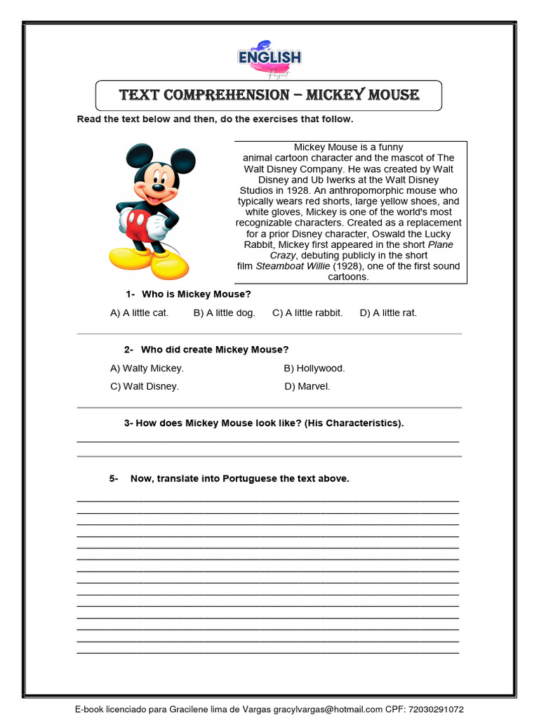 TEXT COMPREHENSION - MICkEy MOuSE | PDF | Walt Disney | Família Disney