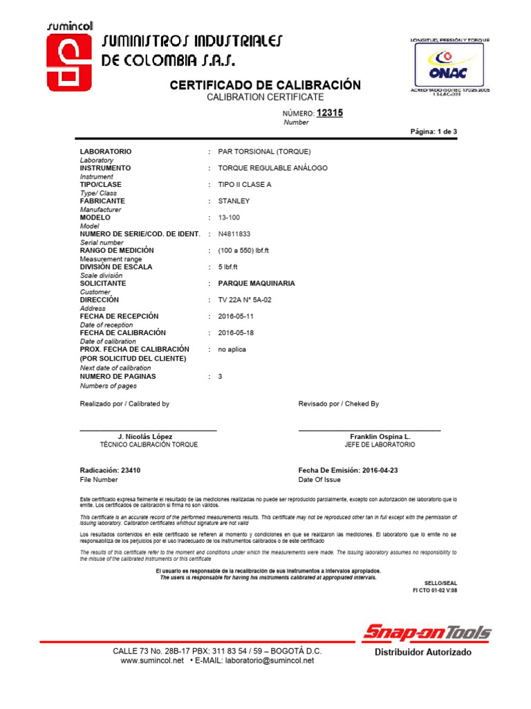 Certificado Calibración Torque 12315 | PDF | Metrología | Calibración