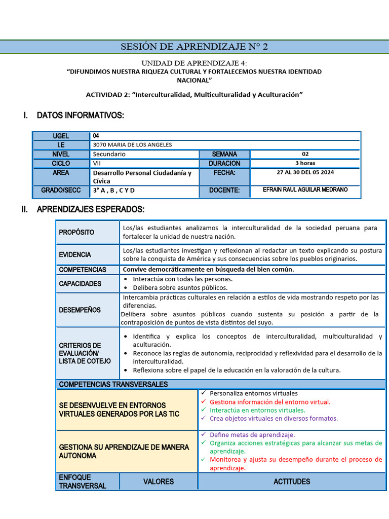 3º DPCC - Ses 2 Uni 4 - Sem 02 | PDF | Maestros | Interculturalidad
