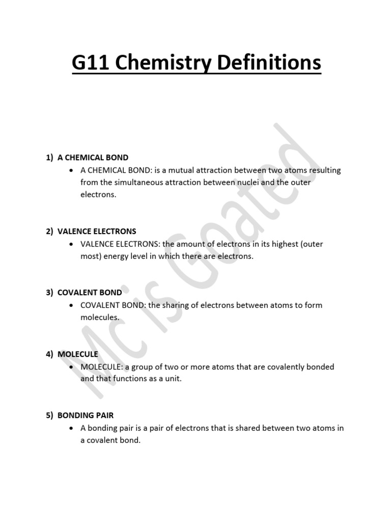 G11 Chemistry Key Definitions Guide | PDF | Chemical Bond | Ion