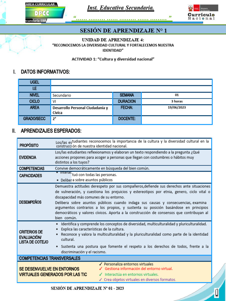 2º DPCC- SES 1 UNI 4 - SEM 01 (1) | Descargar gratis PDF | Aprendizaje | Evaluación