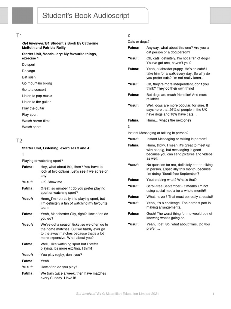 GI B1 Student's Book Audioscript | PDF | Sleep | Plastic