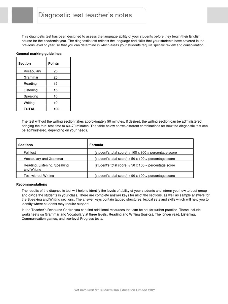 GI B1 Diagnostic Test Teacher's Notes | PDF | Verb | Noun