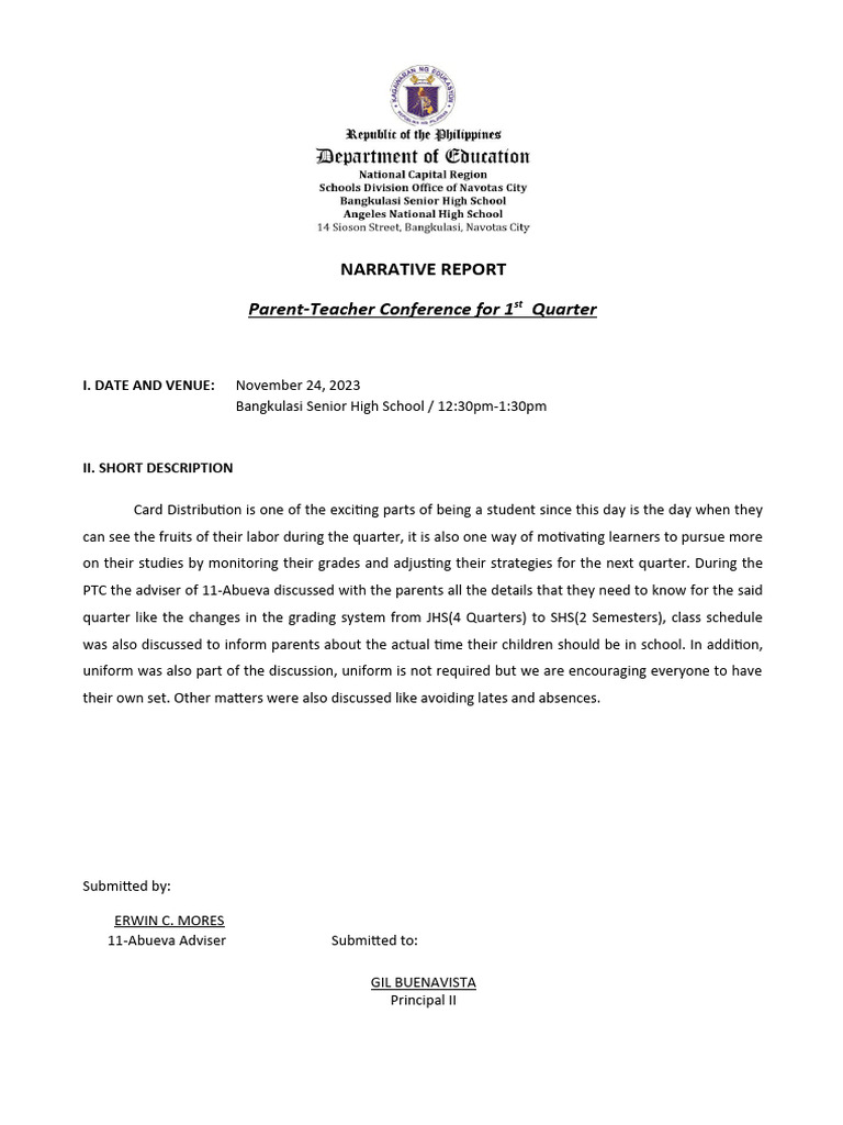 Narrative Report For PTA 1st Quarter - 2023-2024 | PDF