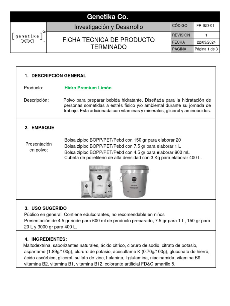 FICHA TECNICA Hidro | PDF | Compuestos químicos | Sustancias químicas