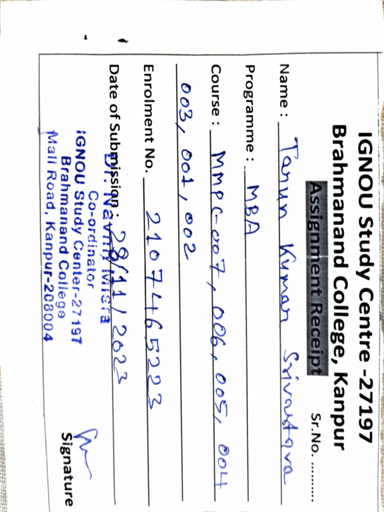 IGNOU Study Center Assignment Receipt | PDF