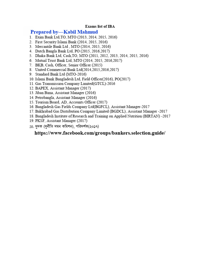 IBA Exam List for Banking Positions | PDF | Business