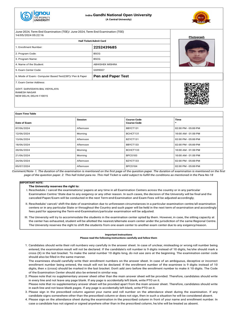 IGNOU June 2024 Exam Hall Ticket | PDF