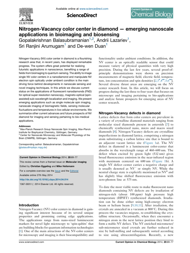 Nitrogen-Vacancy Color Center in Diamond - Gopalkrishnan2014 | PDF | Microscopy | Applied And ...