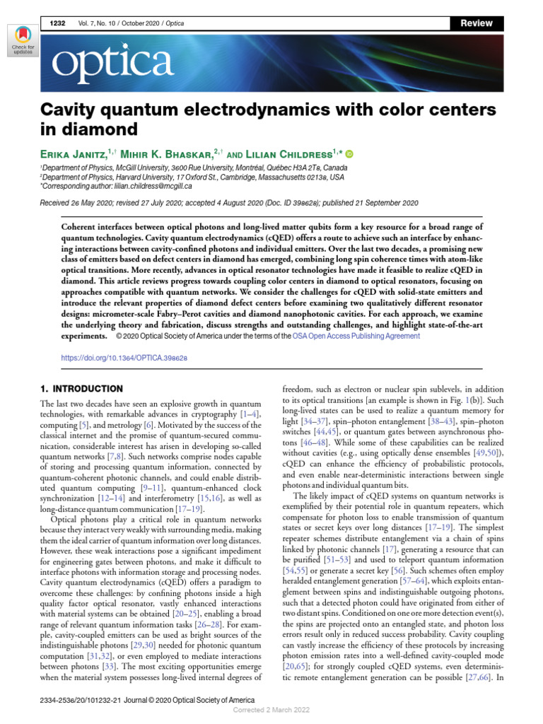 Cavity QED With Color Centers in Diamond - Janitz2020 | PDF | Photon ...