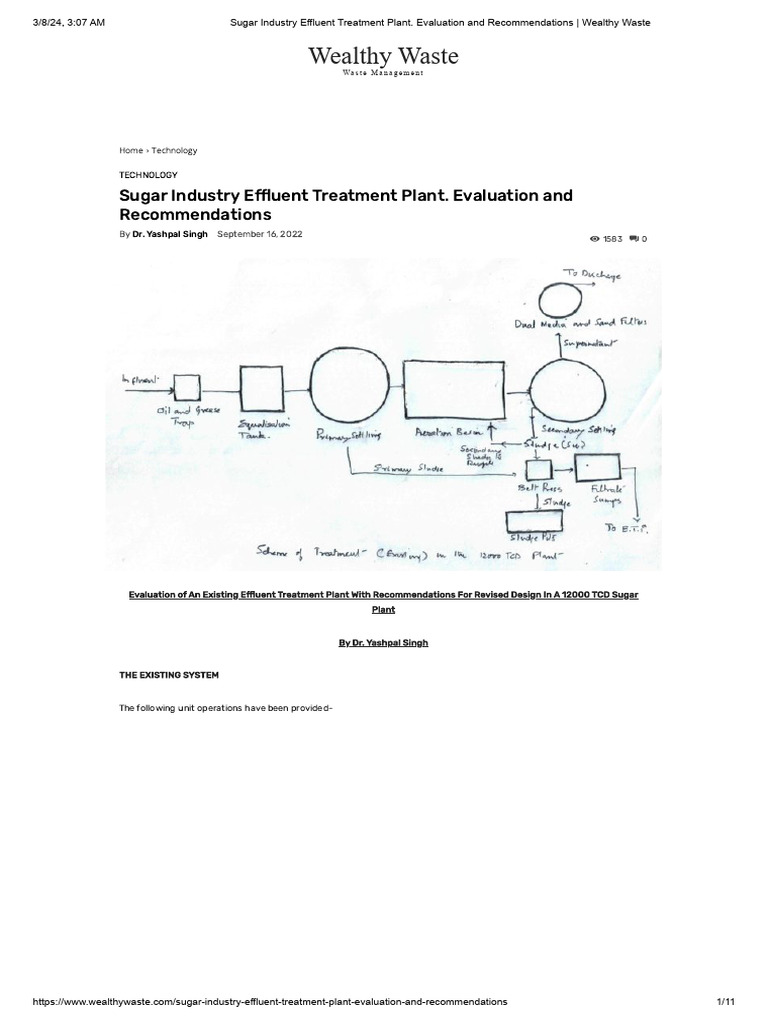 Sugar Industry Effluent Treatment Plant. Evaluation and Recommendations ...