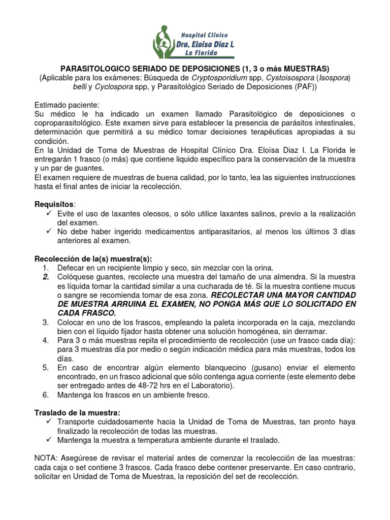 APL 1.2 - IT10 Parasitologico Seriado de Deposiciones 1 3 o Mas Muestras | PDF | Heces ...