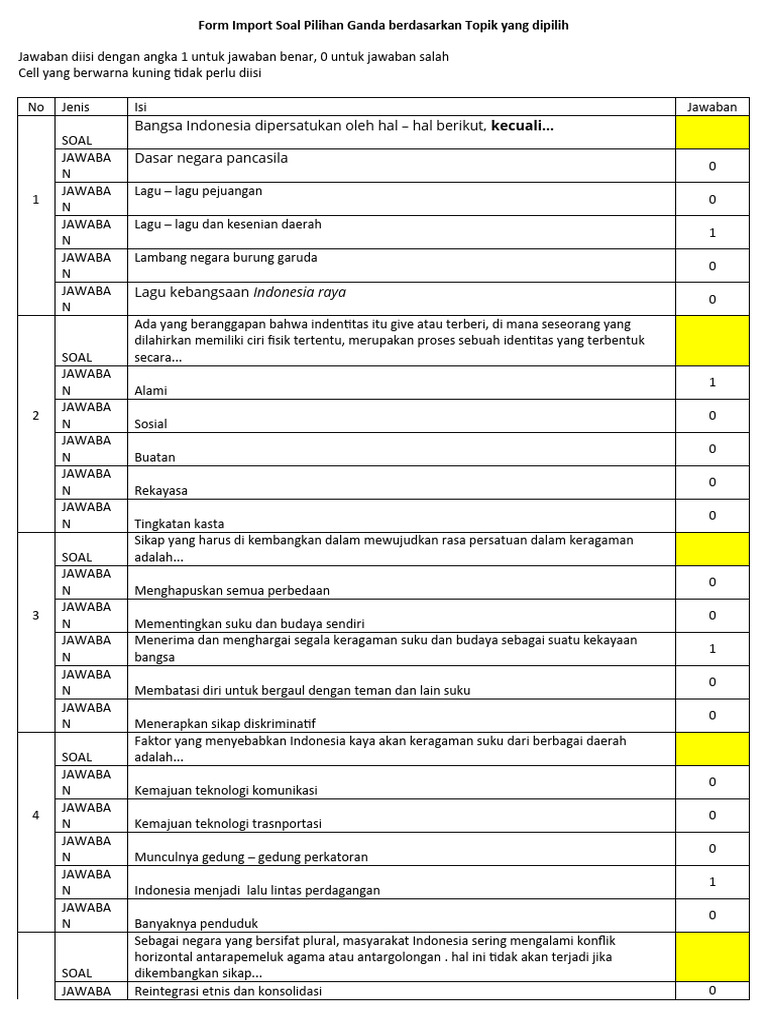 Format Soal Pilgan Pas PKN X 2024 | PDF