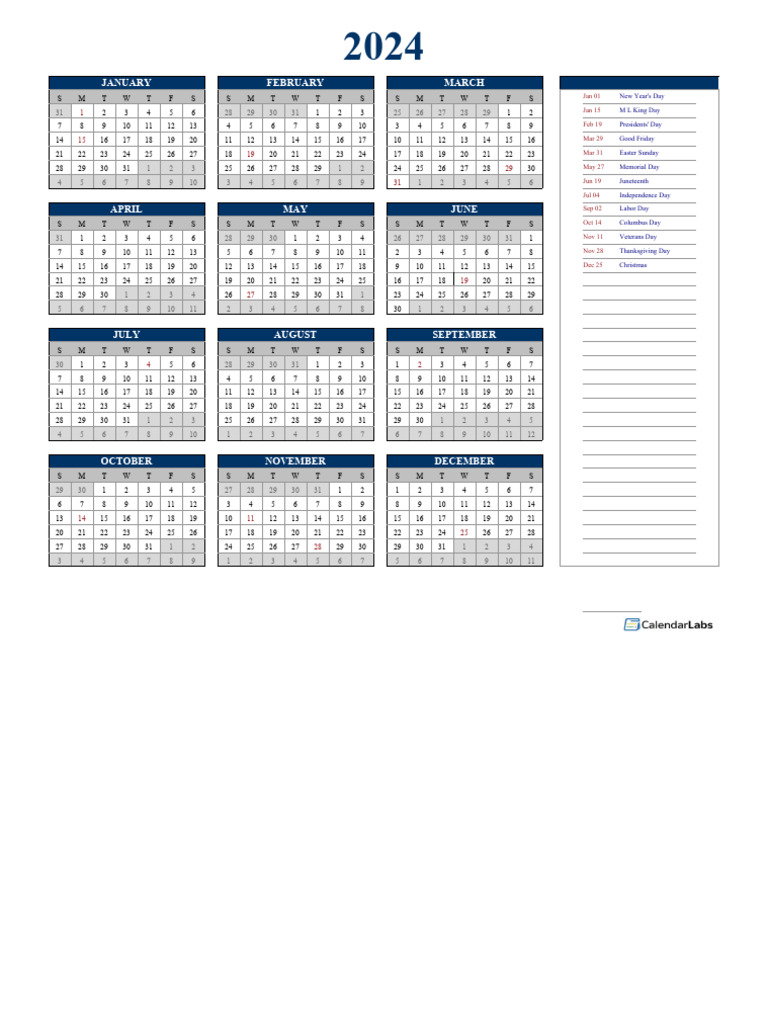 2024 Excel Yearly Calendar 21 | PDF | Observances | Holidays