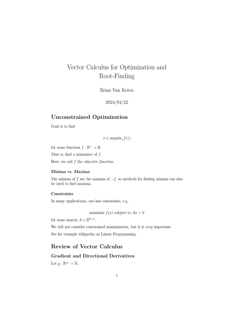 18 Vector Calculus and Optimization | PDF | Derivative | Gradient