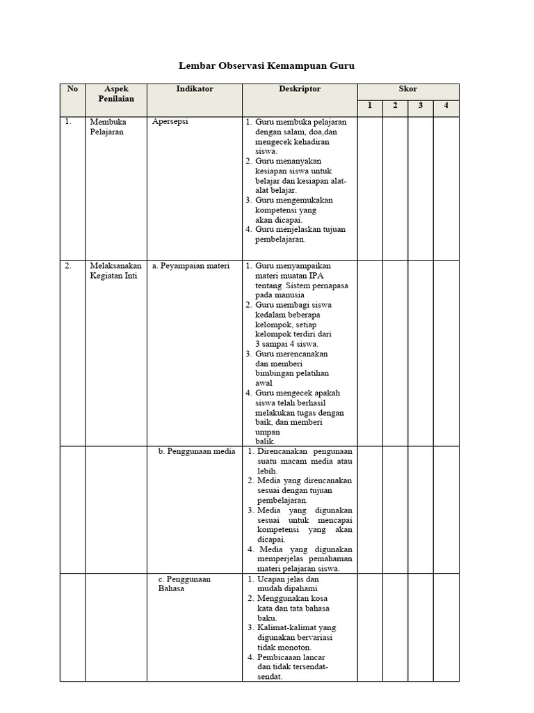 Lembar Observasi Guru | PDF